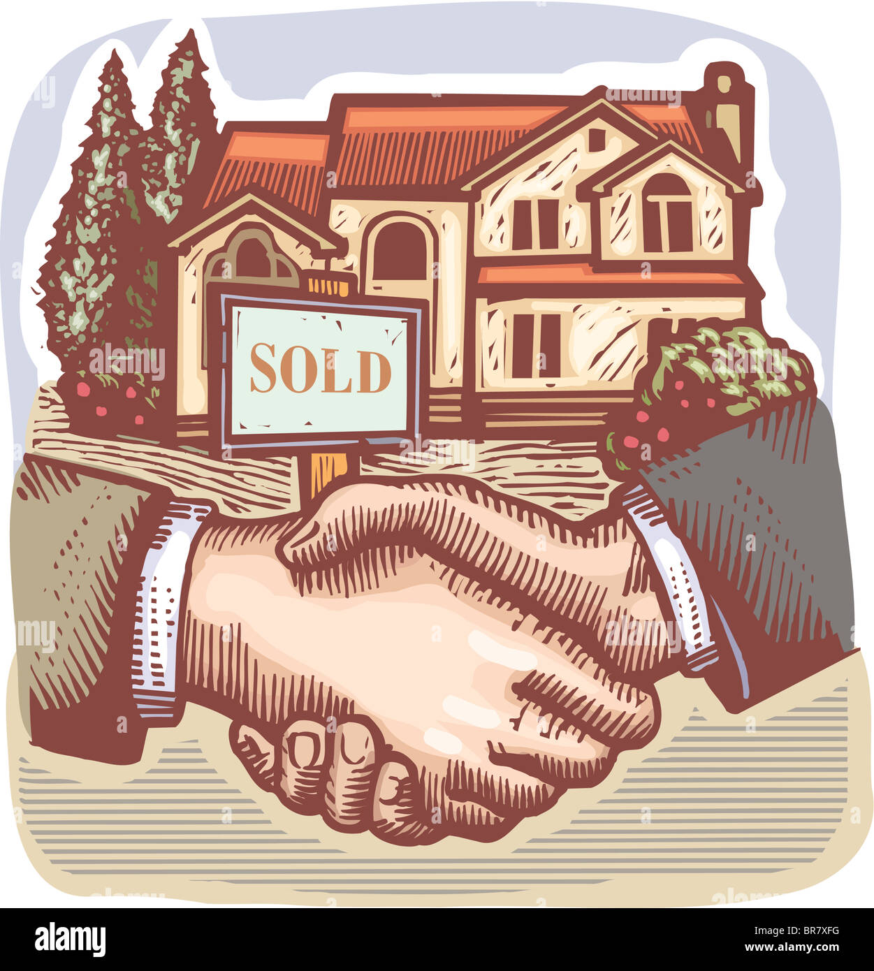 People shaking hands in front of a real estate sold sign Stock Photo ...
