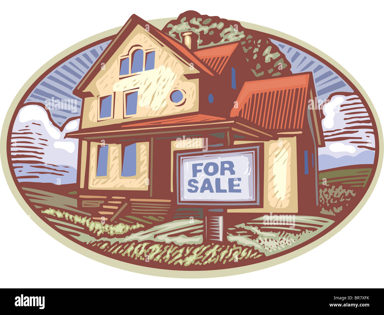 Oval shaped picture of a house with a for sale sign in front Stock ...