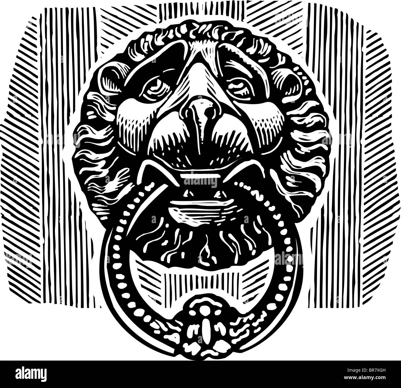 A bnlack and white door knocker in the shape of a lion holding a ring ...