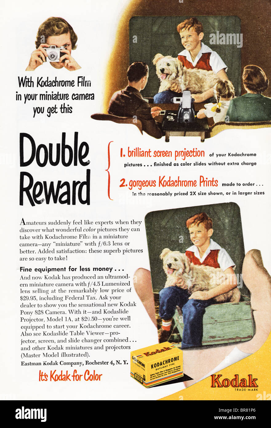 American magazine color advert for Kodak Kodachrome film circa 1950 ...