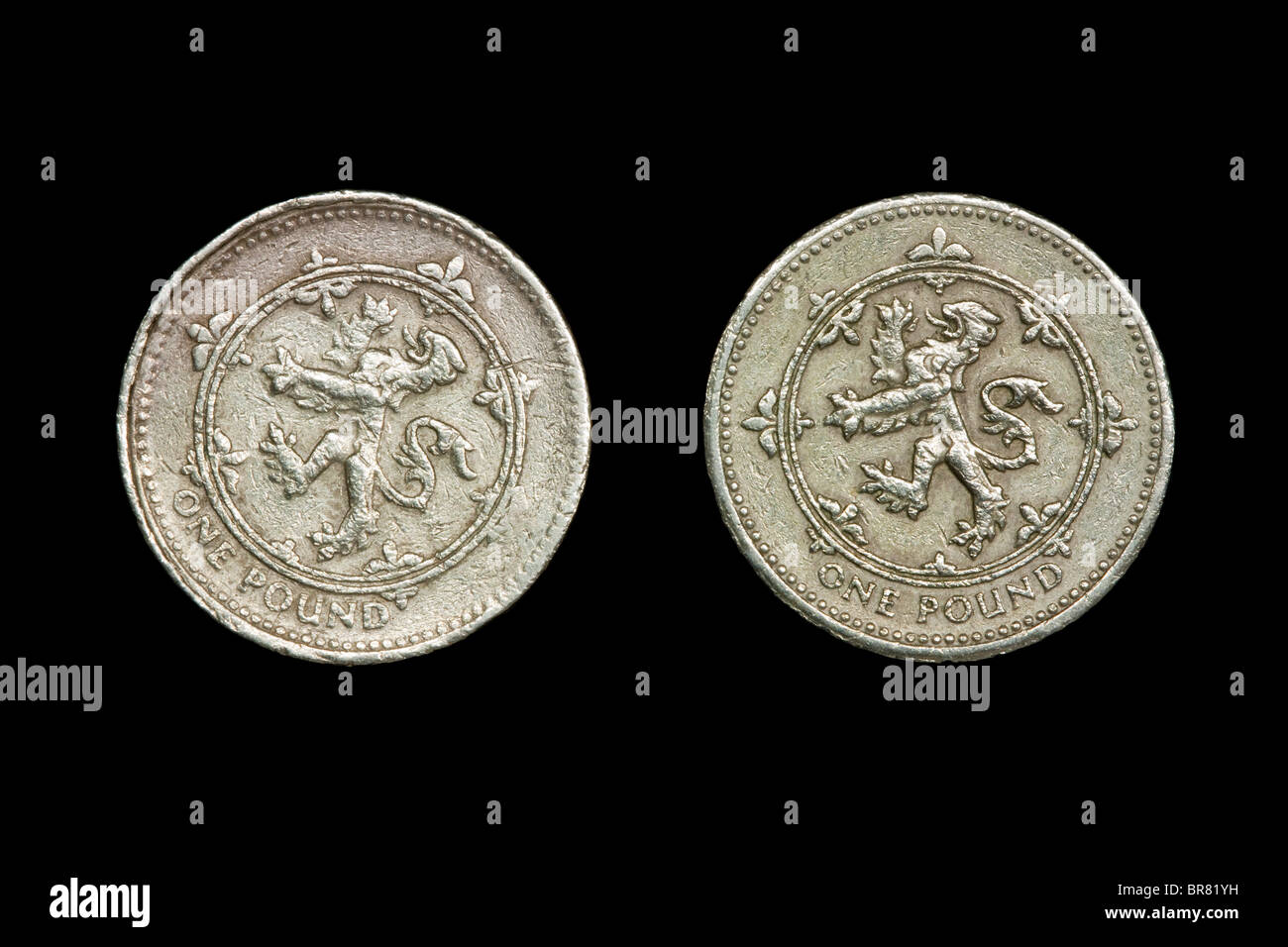 The reverse, or 'tail's' side, of a fake British £1 coin (left) along ...