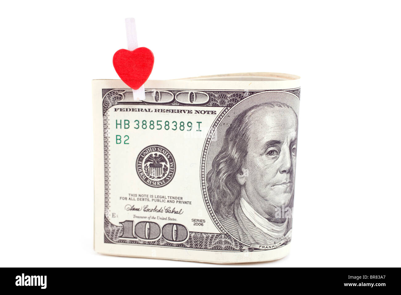 U.S. dollars with the symbol of the heart isolated on white background ...