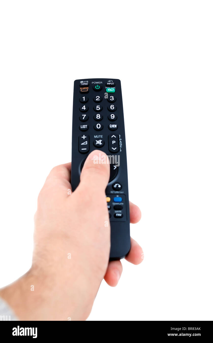 Hand holding television remote Isolated over white background Stock ...