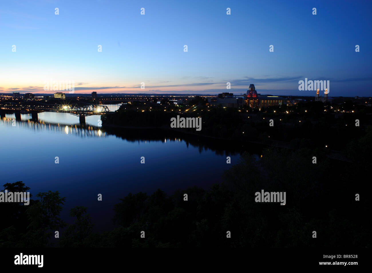 View from Parliament Hill over Ottawa river and Alexandra Bridge ...