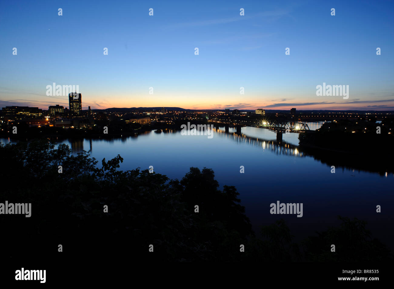 View from Parliament Hill over Ottawa river and Alexandra Bridge ...