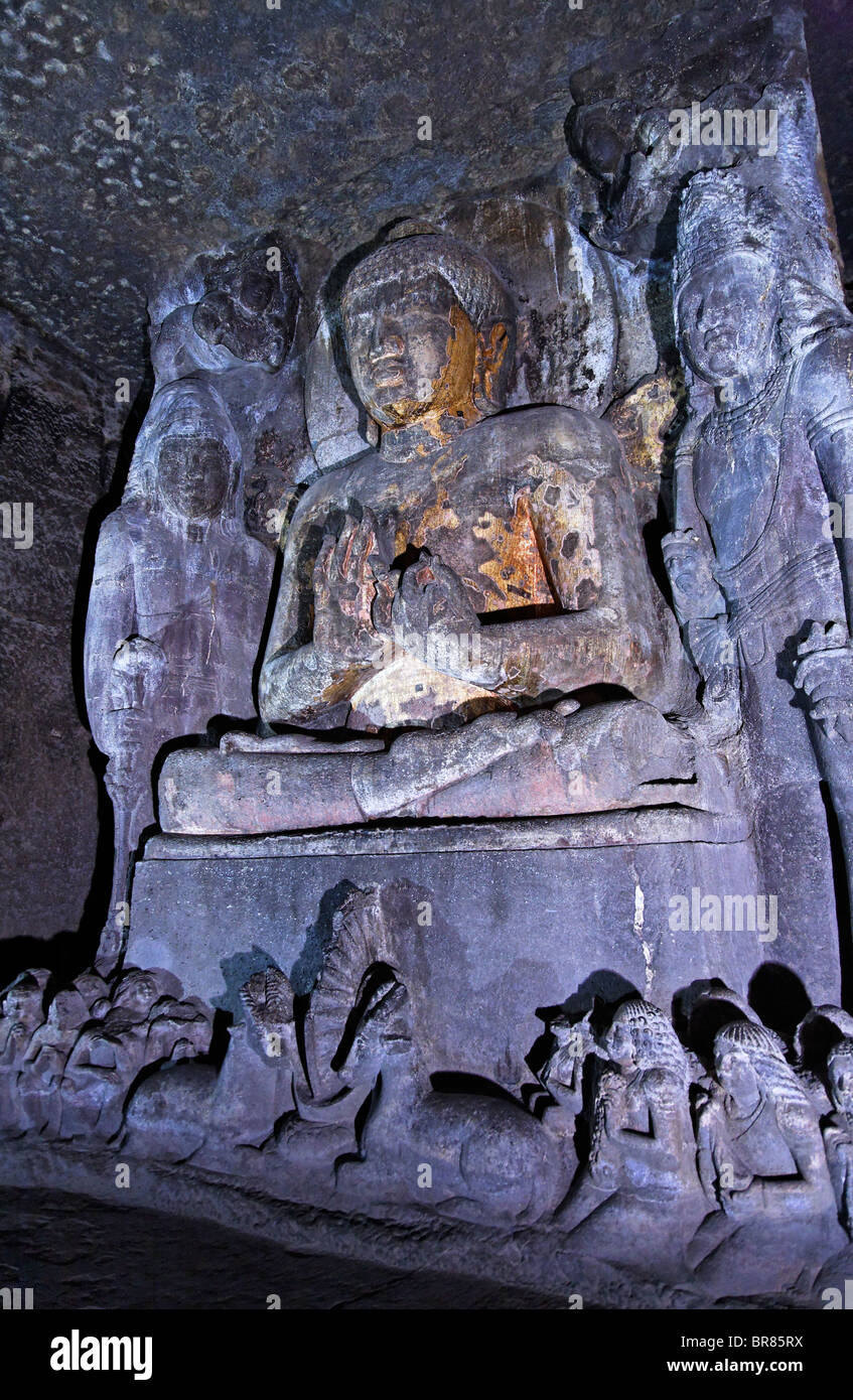 Sculpted buddha figure inside Ajanta caves, Ajanta Caves, Maharashtra ...
