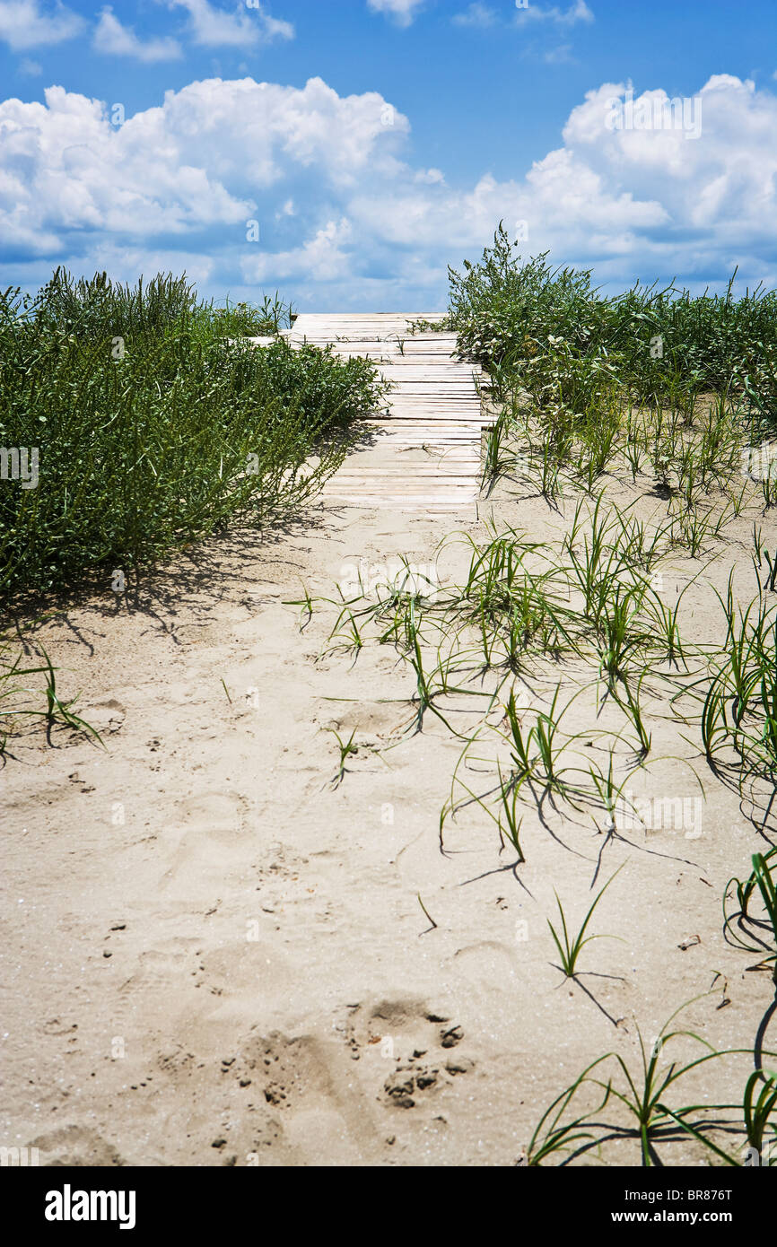 A small wooden boardwalk leads to a closed beach on the Gulf Coast ...