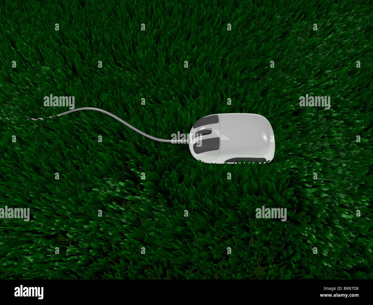 3d render, computer mouse over grass field. green computing Stock Photo ...
