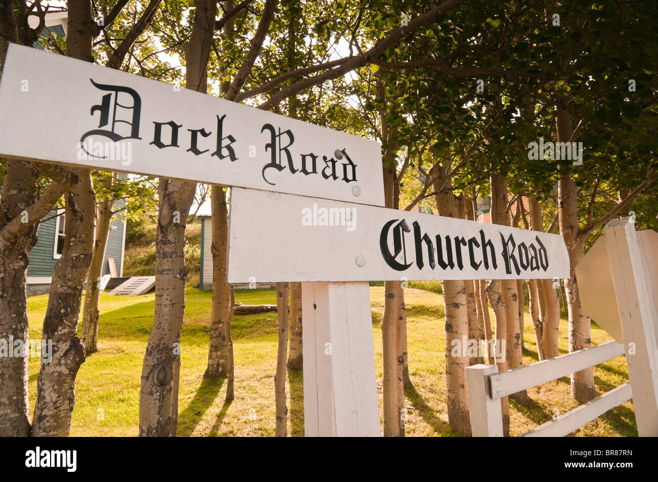 Dock Road and Church Road, street signs, Trinity, Newfoundland, Canada ...