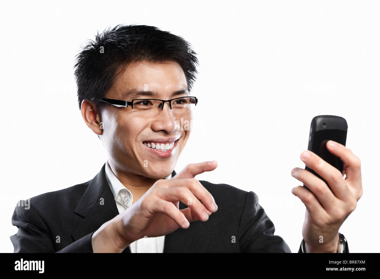 Chinese businessman happy expression when using video call, isolated on ...