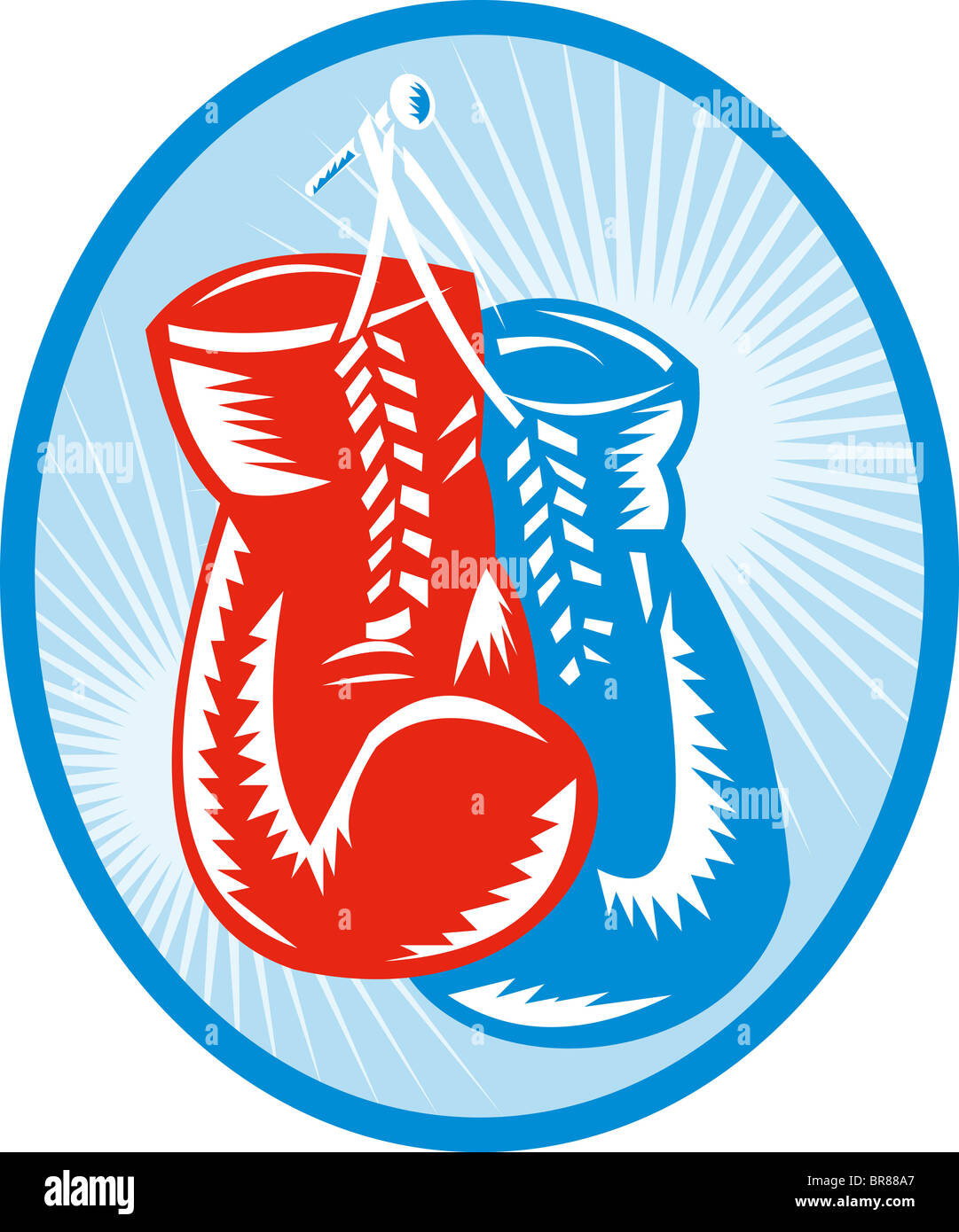 red and blue boxing gloves with sunburst in background woodcut style ...