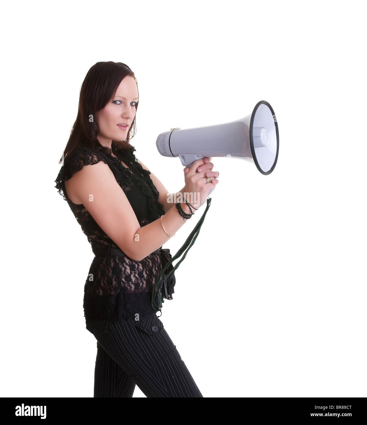 pretty young woman with megaphone isolated on white Stock Photo - Alamy