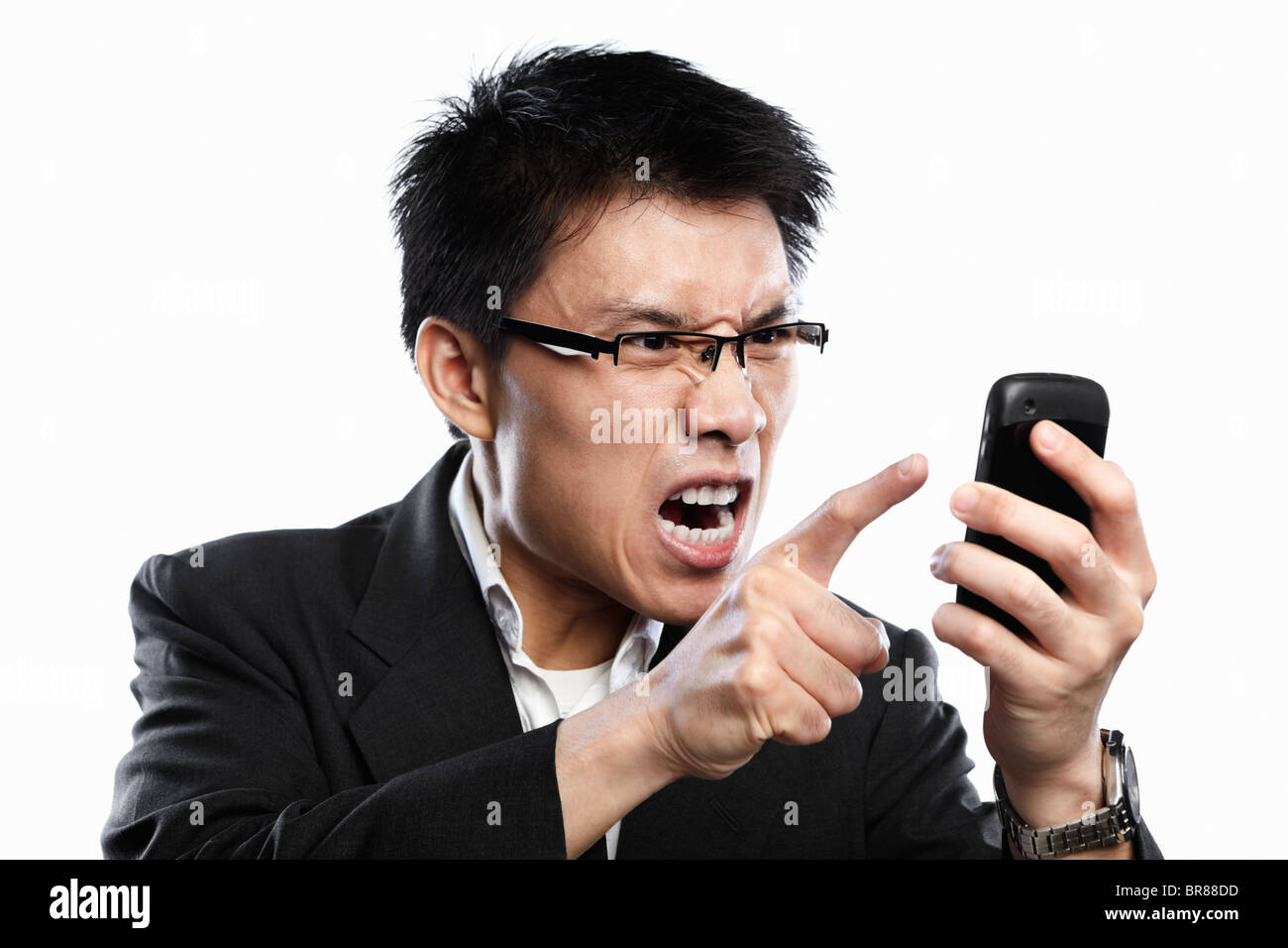 Chinese businessman expression when using video call, isolated on white ...