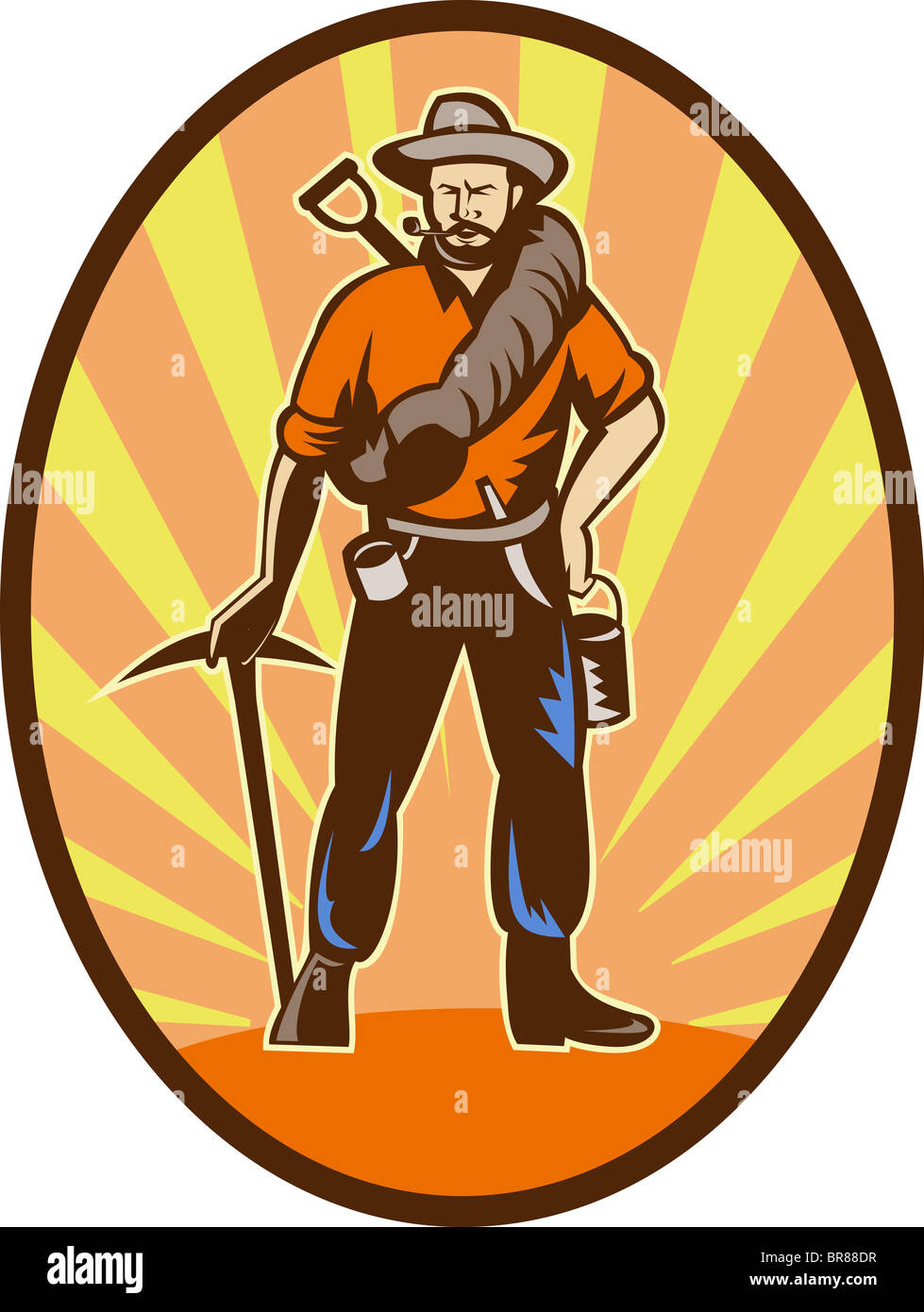 Miner, prospector or gold digger with pick ax and shovel standing front ...