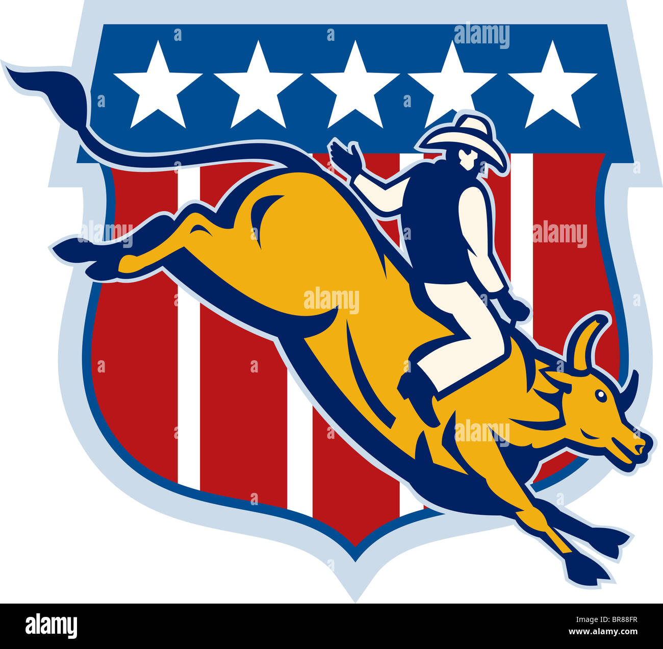 Rodeo cowboy bull riding with american stars and stripes shield ...