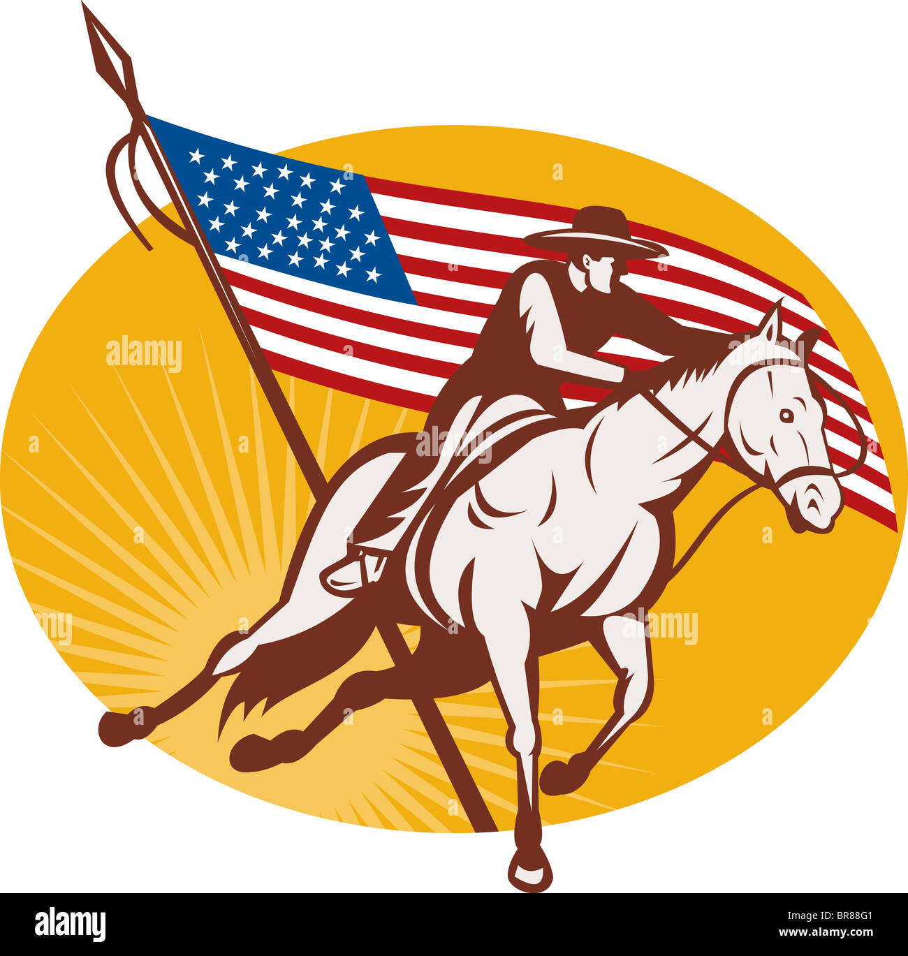 Rodeo cowboy horse riding with american stars and stripes flag in the ...