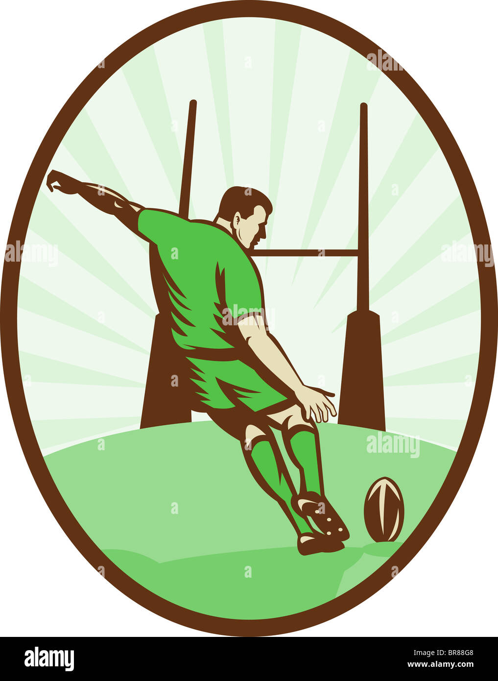 Rugby player kicking ball at goal post viewed from the rear set inside ...
