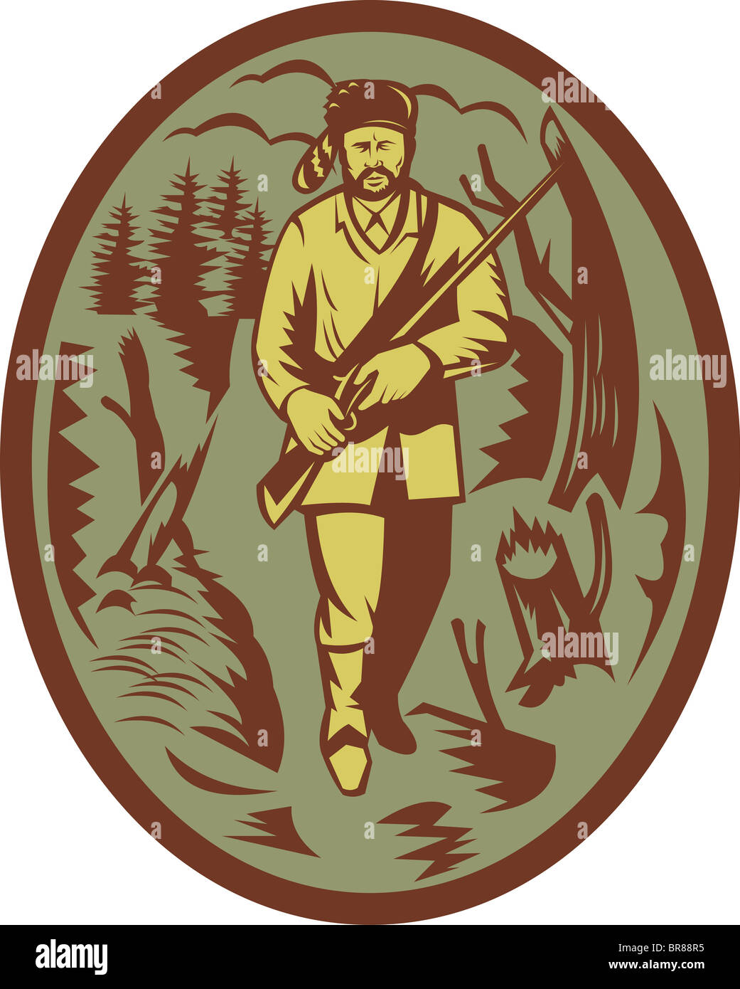 pioneer hunter trapper with rifle in the woods done in woodcut style ...