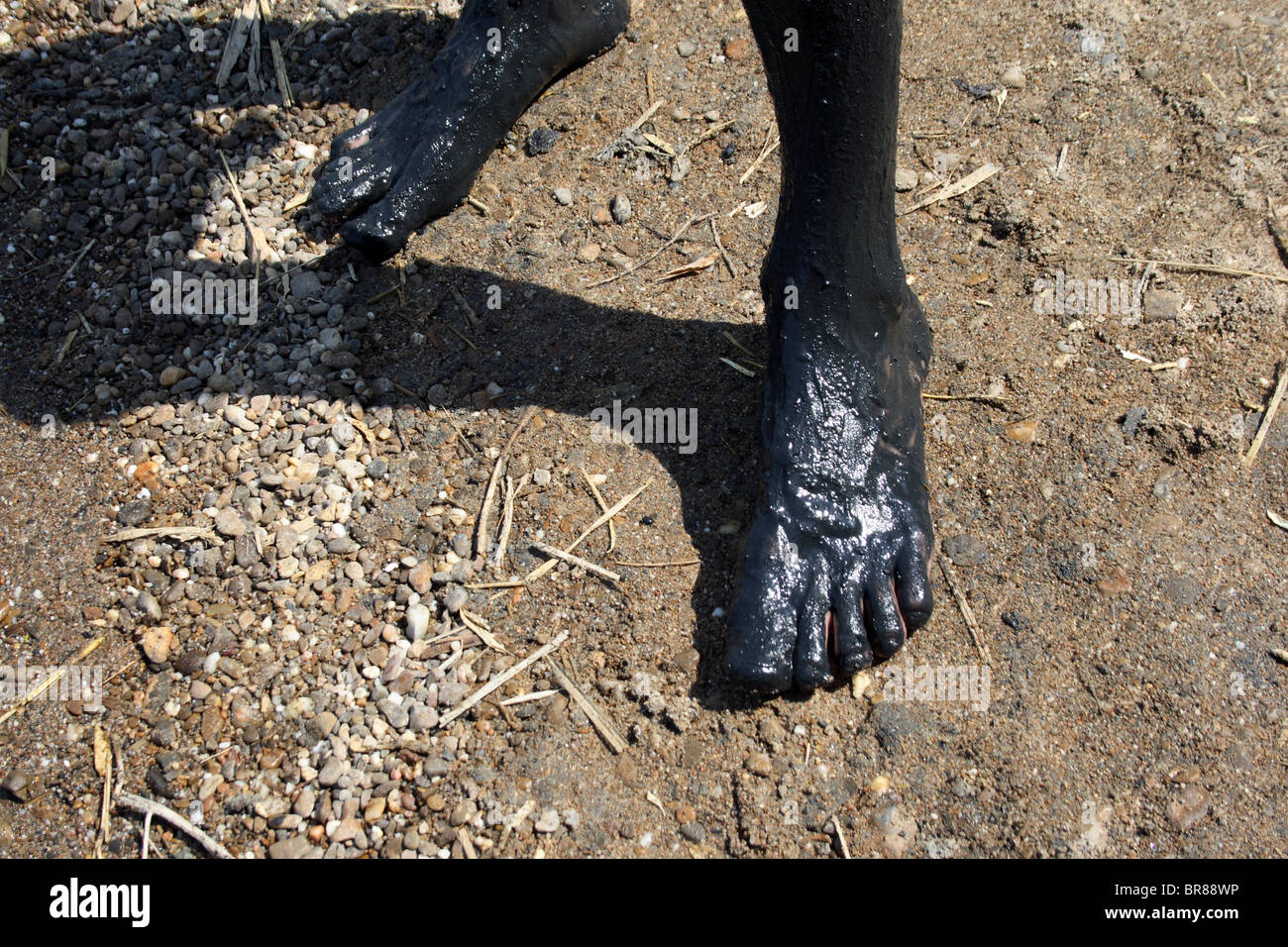 legs covered by mud on background of the salty lake, the town of Saki ...