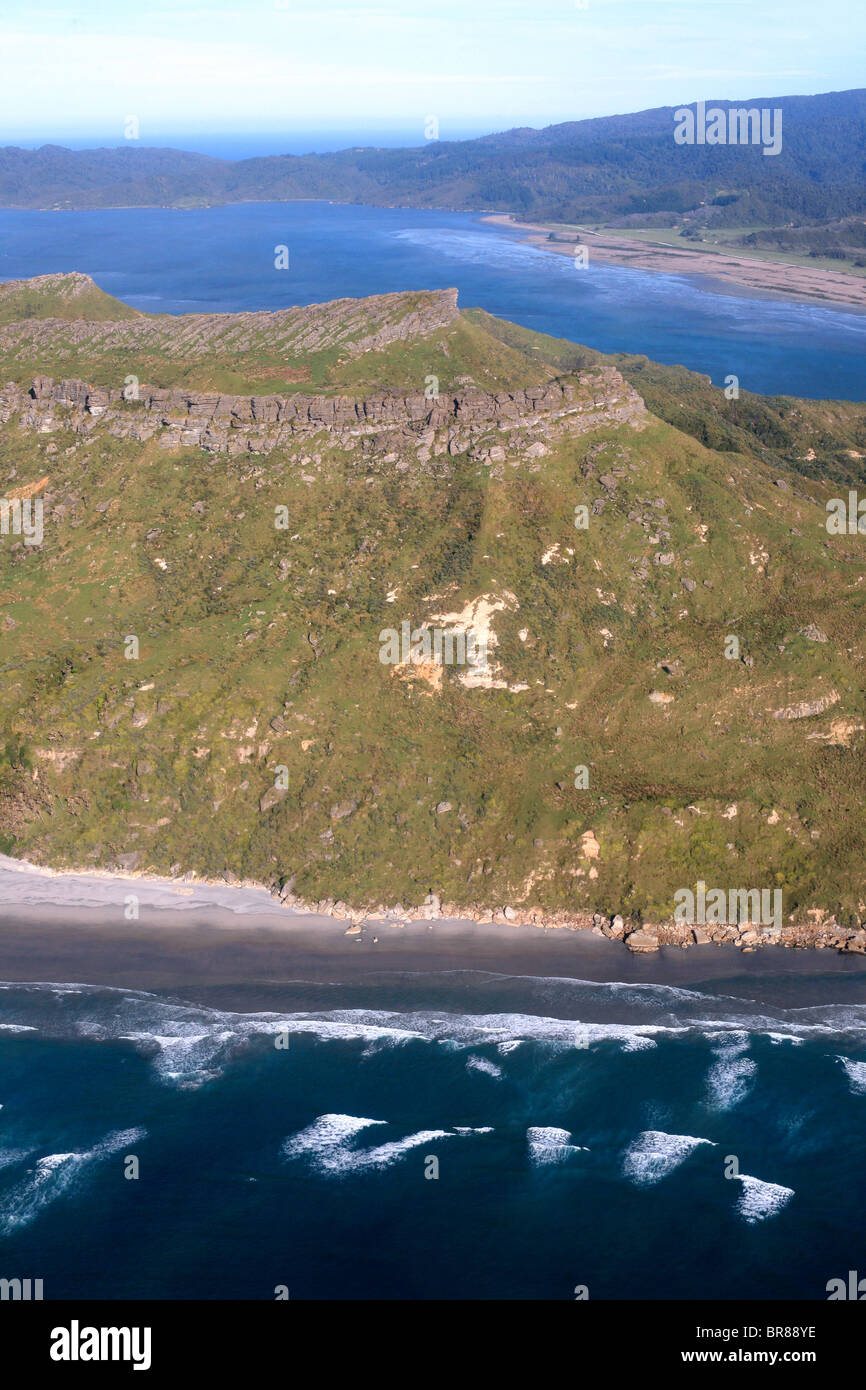 Aerial view of rugged coastline near Cape Farewell with Whanganui Inlet ...