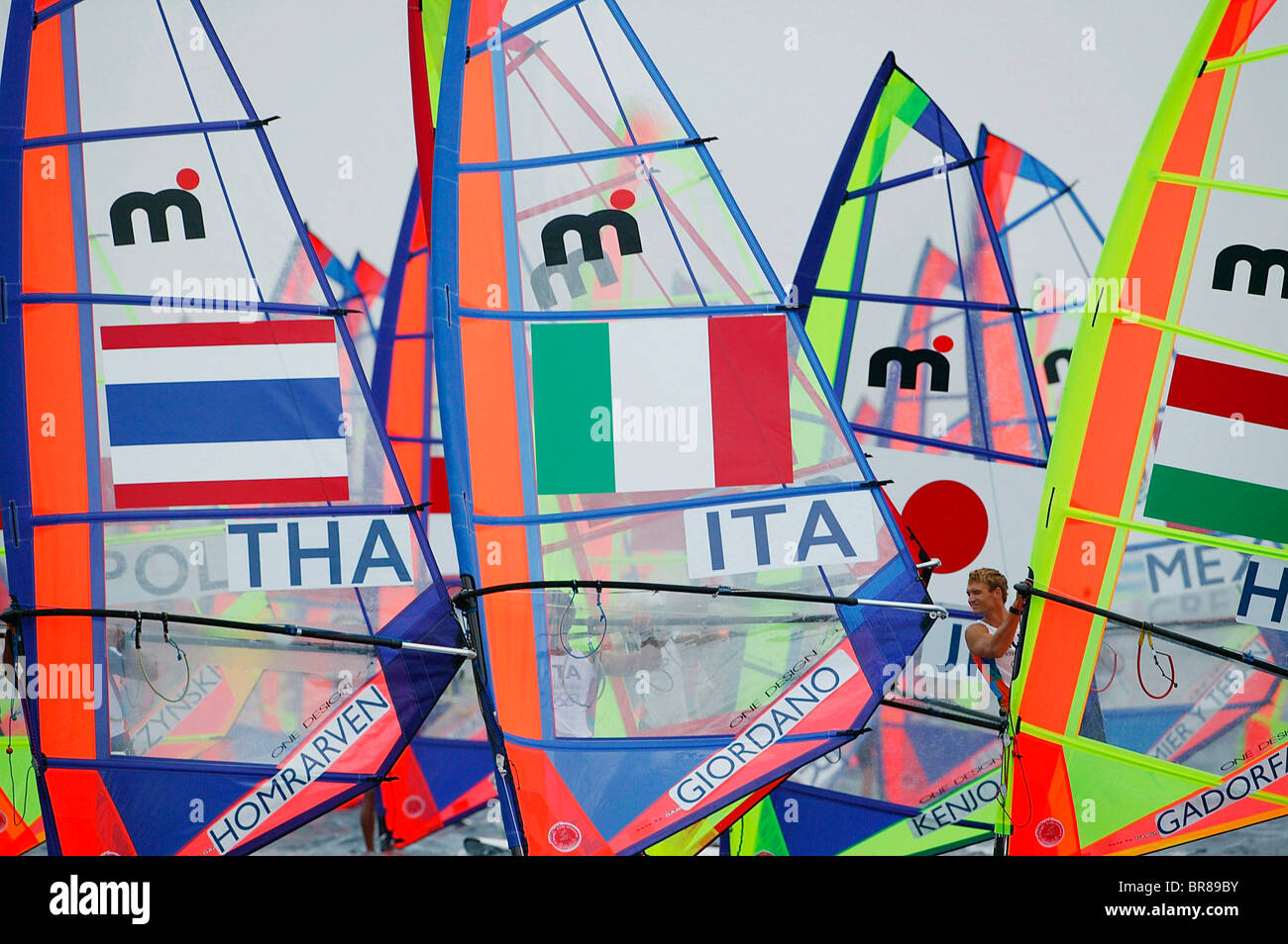 Windfurf sails at the start of the men's windsurf mistral, Olympic ...