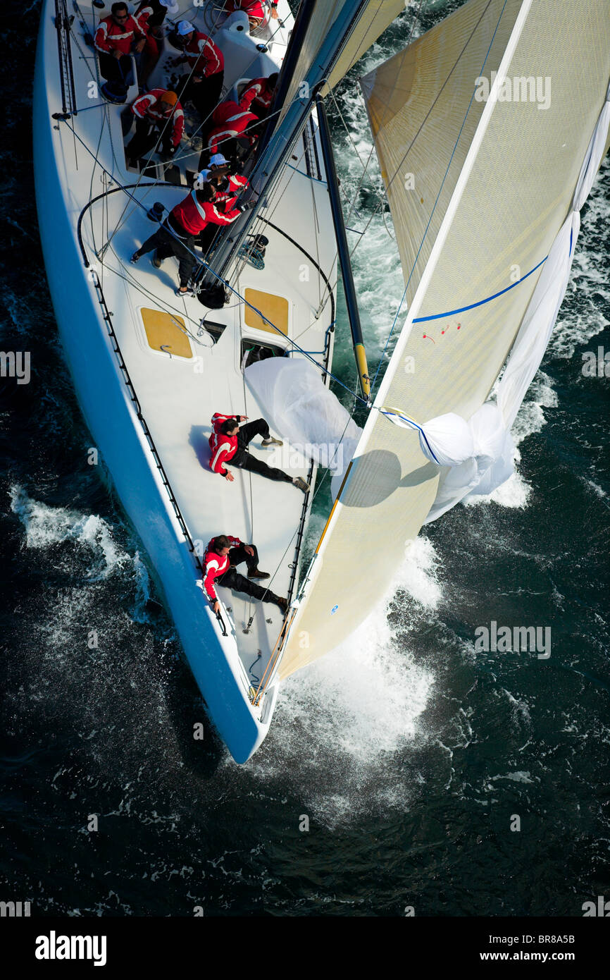 Aerial view of a 12m yacht racing in the 2006 12 Metre North American ...