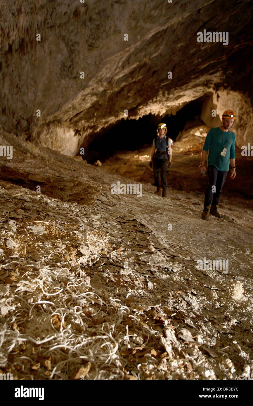 Two cave explorers pose for their photograph in a section of a cave ...