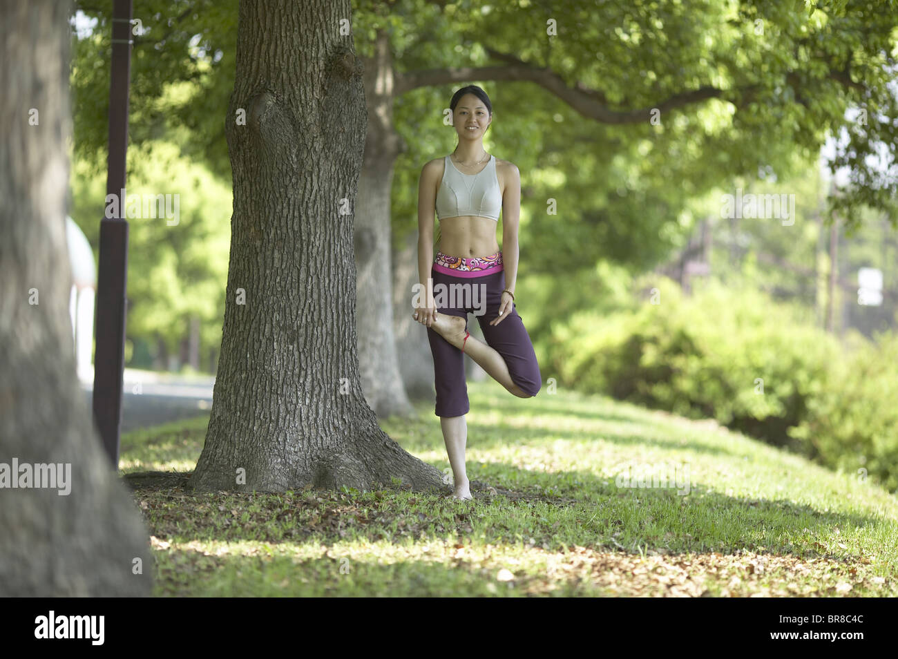 Young Woman Doing A Stretching Exercise Under Tree Stock Photo - Alamy