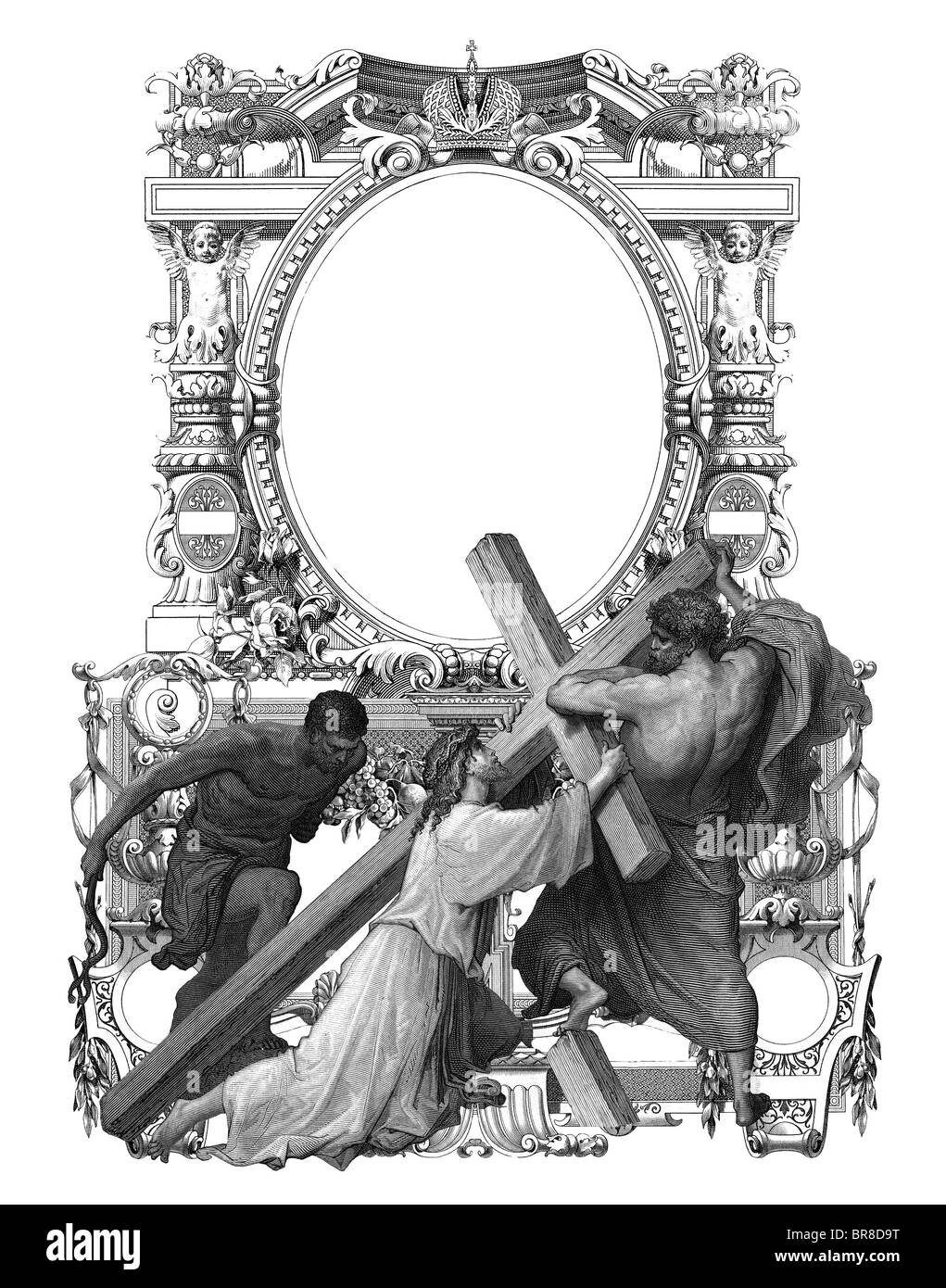 Victorian frame with Jesus Christ enfeebled by the weight of the cross ...