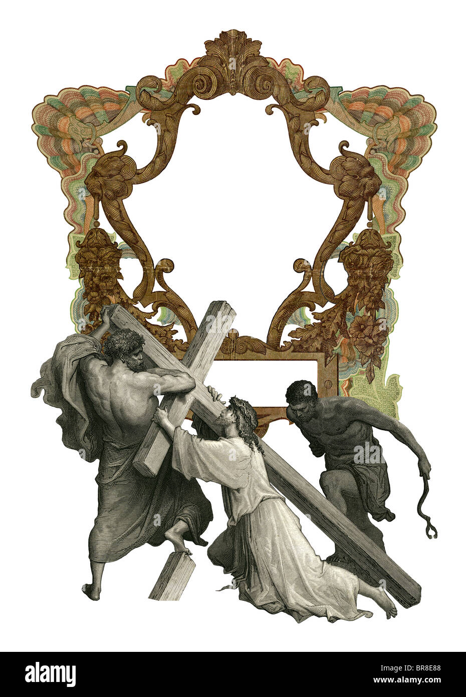 Victorian frame with Jesus Christ enfeebled by the weight of the cross ...