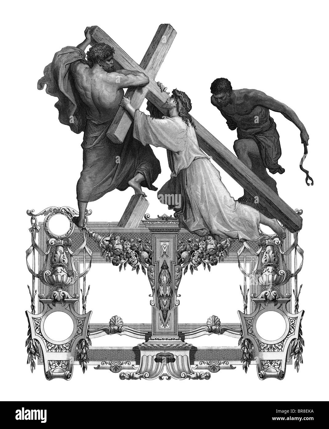 Victorian frame with Jesus Christ enfeebled by the weight of the cross ...