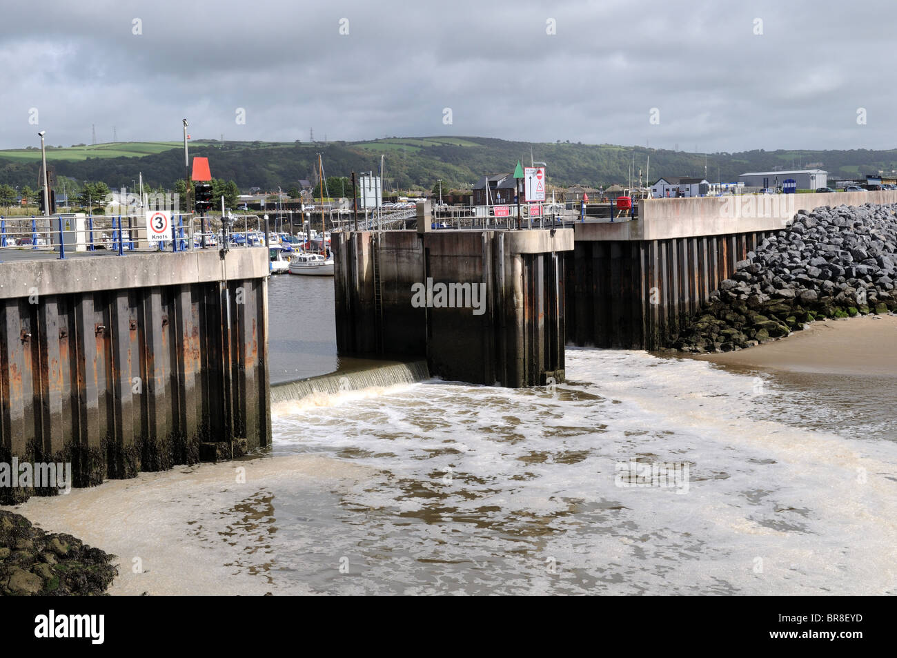 Burry Port Harbour lock gates weir Carmarthenshire Wales Cymru UK GB ...