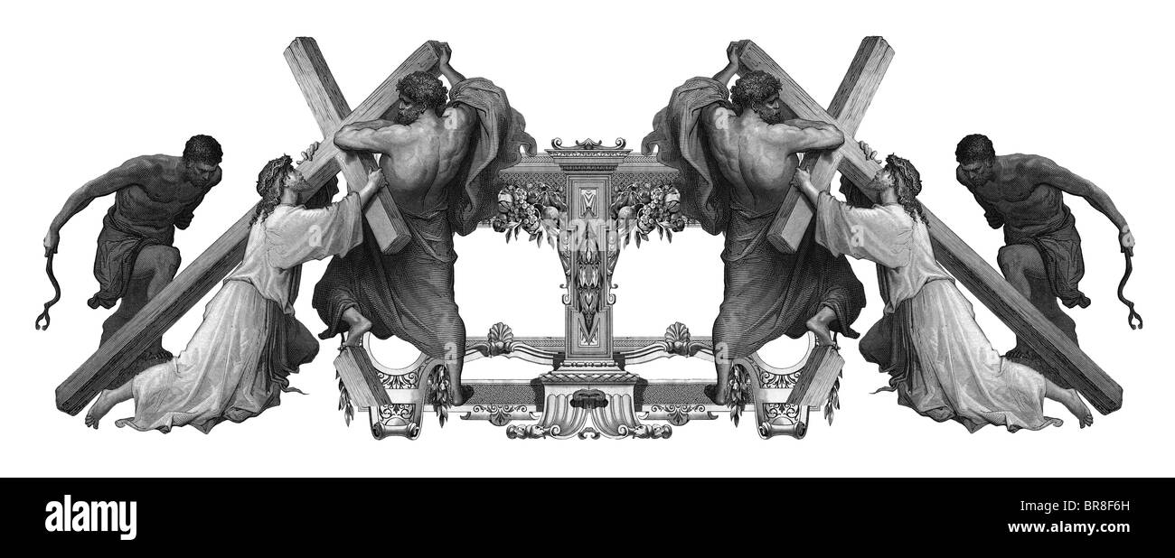 Victorian frame with Jesus Christ enfeebled by the weight of the cross ...