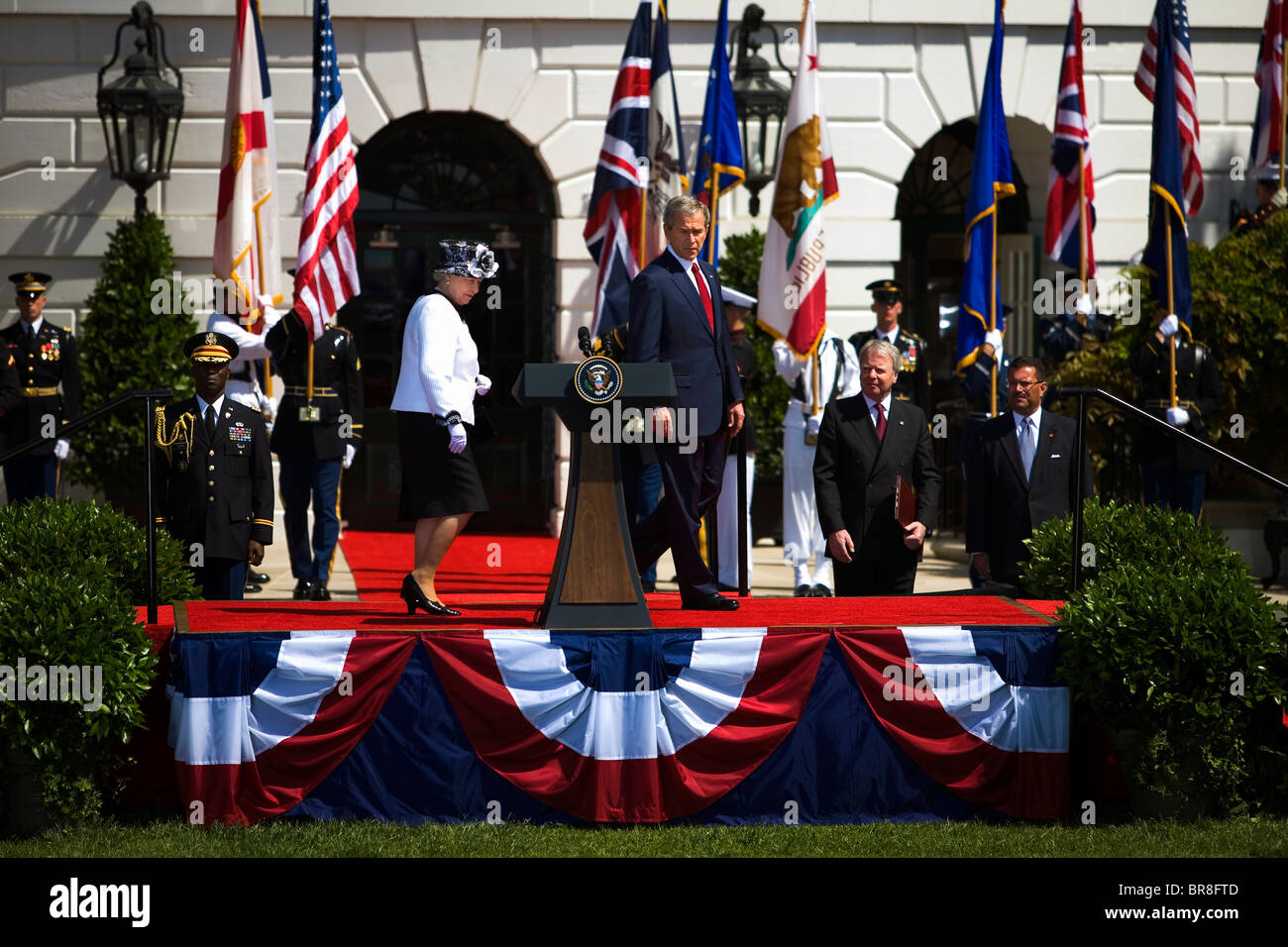 Britain's Queen Elizabeth II is welcomed to the White House in an ...