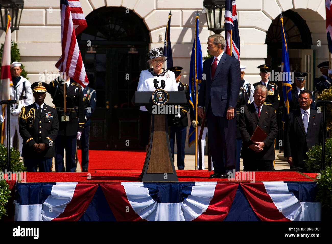Britain's Queen Elizabeth II is welcomed to the White House in an ...