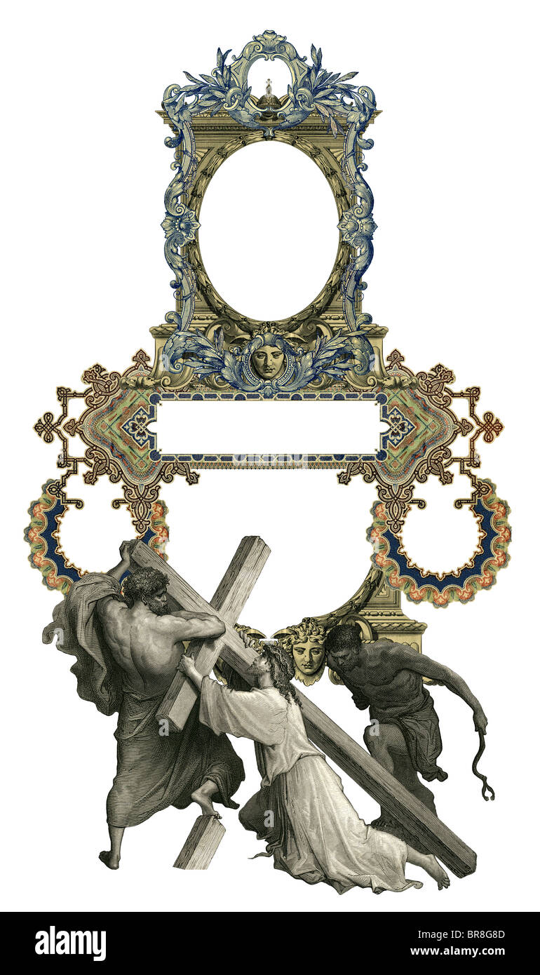 Victorian frame with Jesus Christ enfeebled by the weight of the cross ...