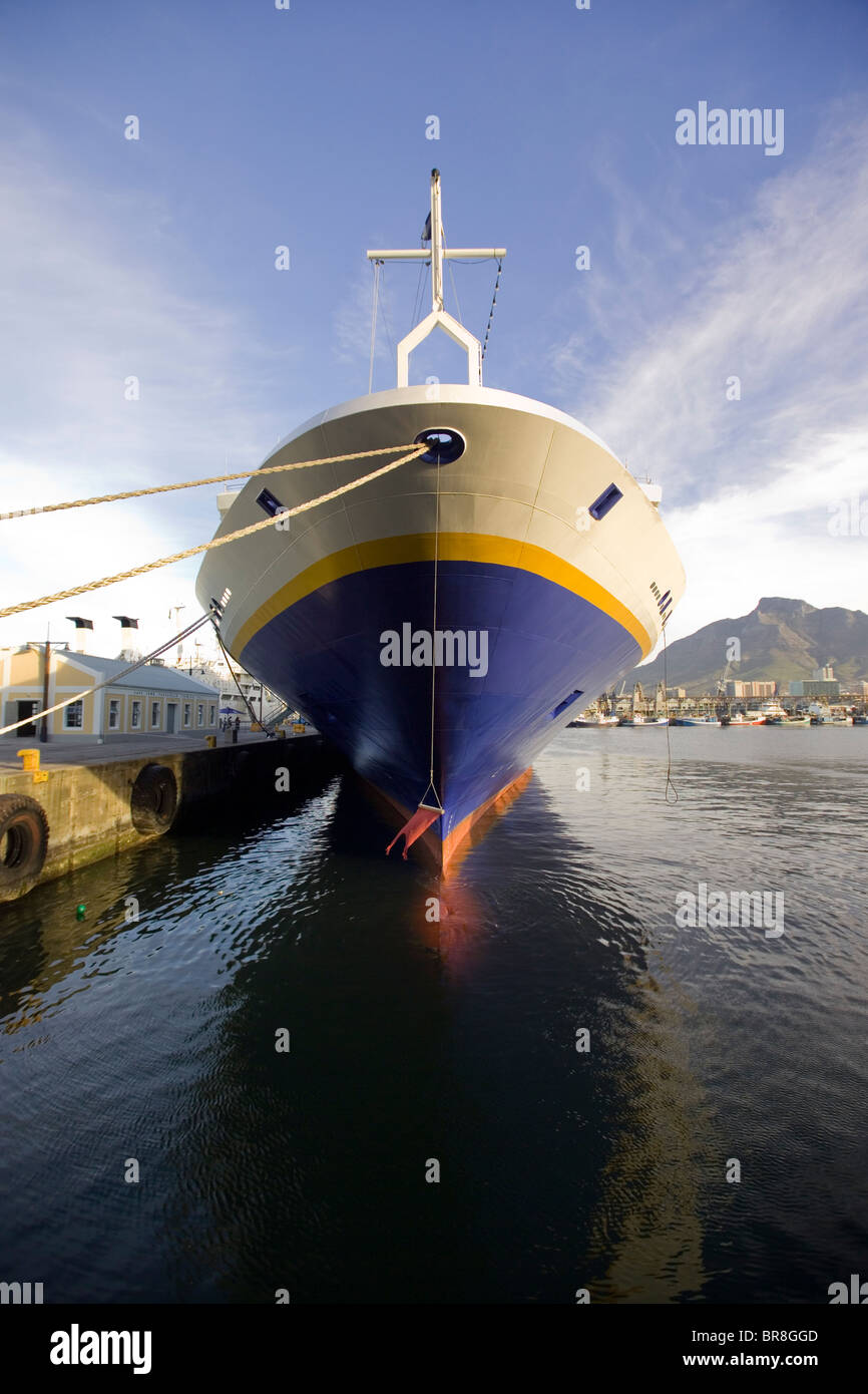 Bow of a cruise ship docked in the harbor in Cape Town South Africa ...