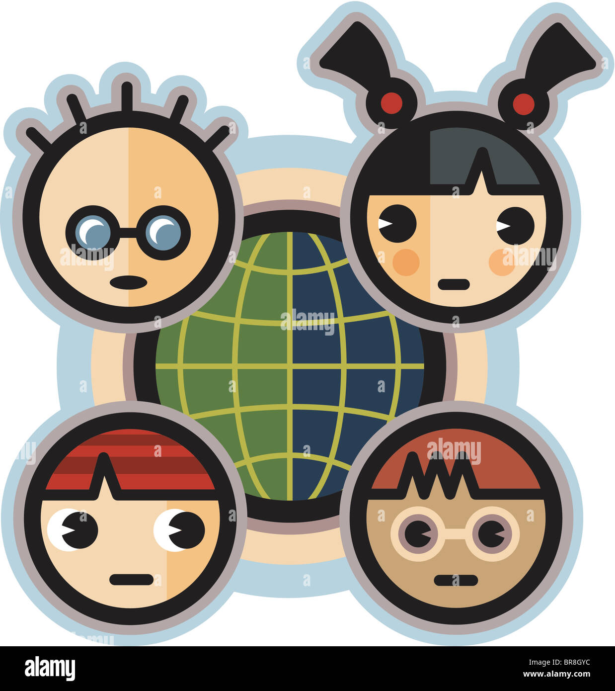 Four multicultural people and globe Stock Photo - Alamy