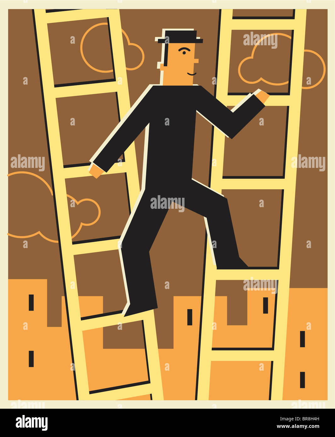 Man climbing two ladders Stock Photo - Alamy