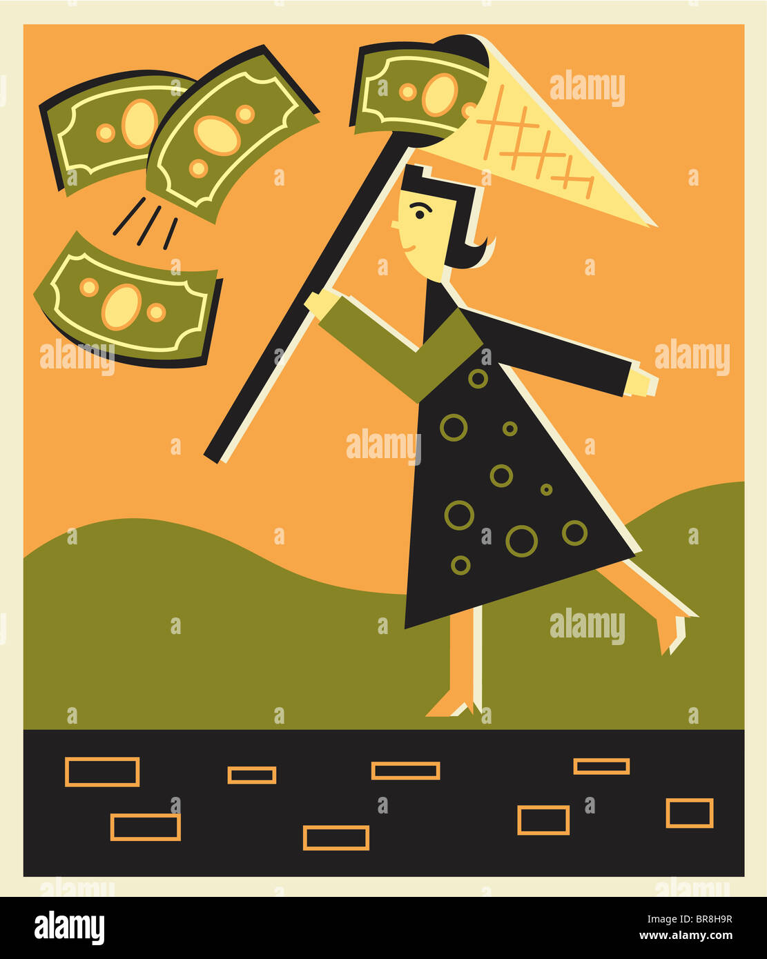 Woman catching money with a net Stock Photo - Alamy