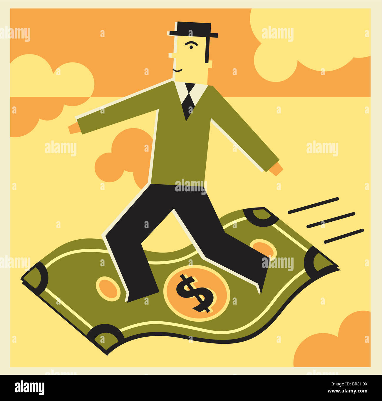 Man riding a dollar bill as a magic carpet Stock Photo - Alamy