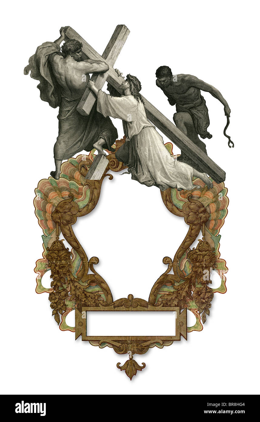 Victorian frame with Jesus Christ enfeebled by the weight of the cross ...