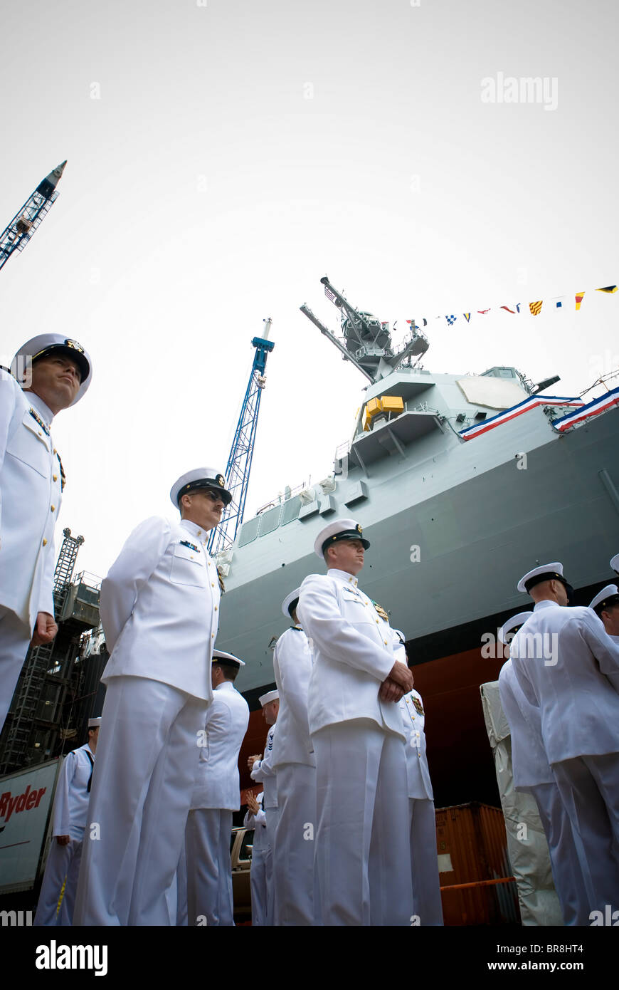 Sailors at christening ceremony of a new US Navy ship in Bath Maine ...