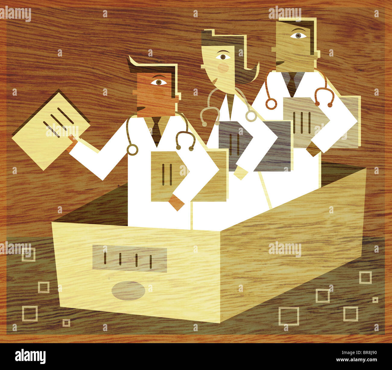 Three doctors holding files standing in a filing box Stock Photo - Alamy