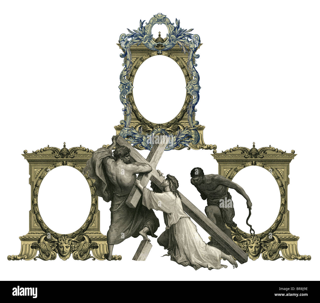 Victorian frame with Jesus Christ enfeebled by the weight of the cross ...