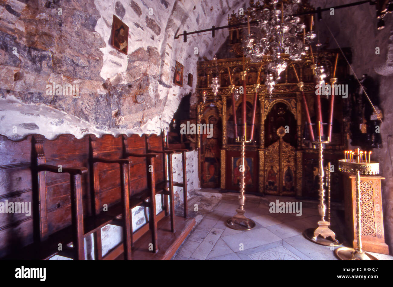 The interior of the church in the remote Monastery of Hozoviatissa ...