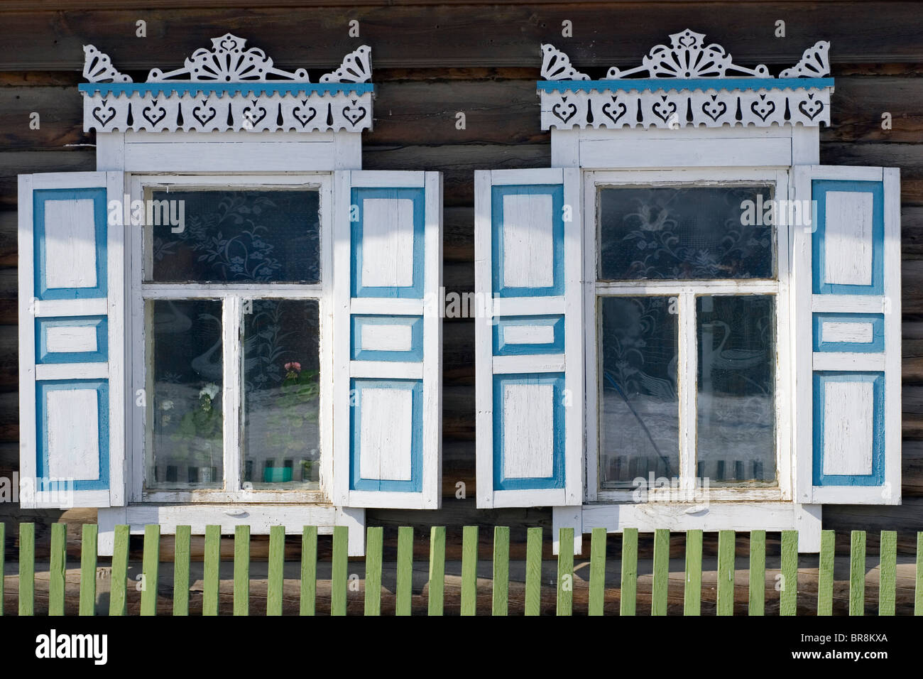 A set of windows from a traditional wooden home in Irkutsk Siberia ...
