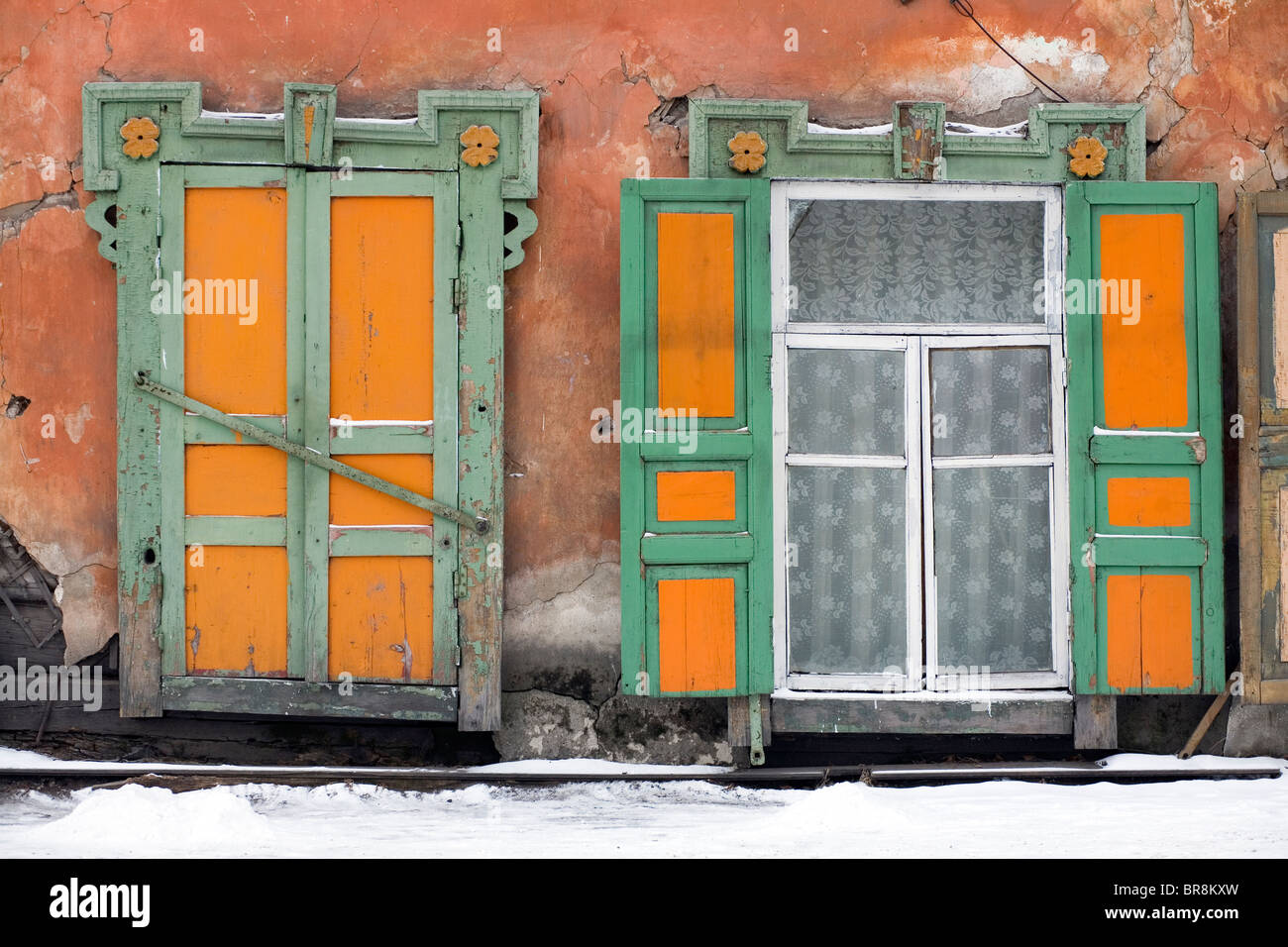A set of windows from a traditional wooden home in Irkutsk Siberia ...