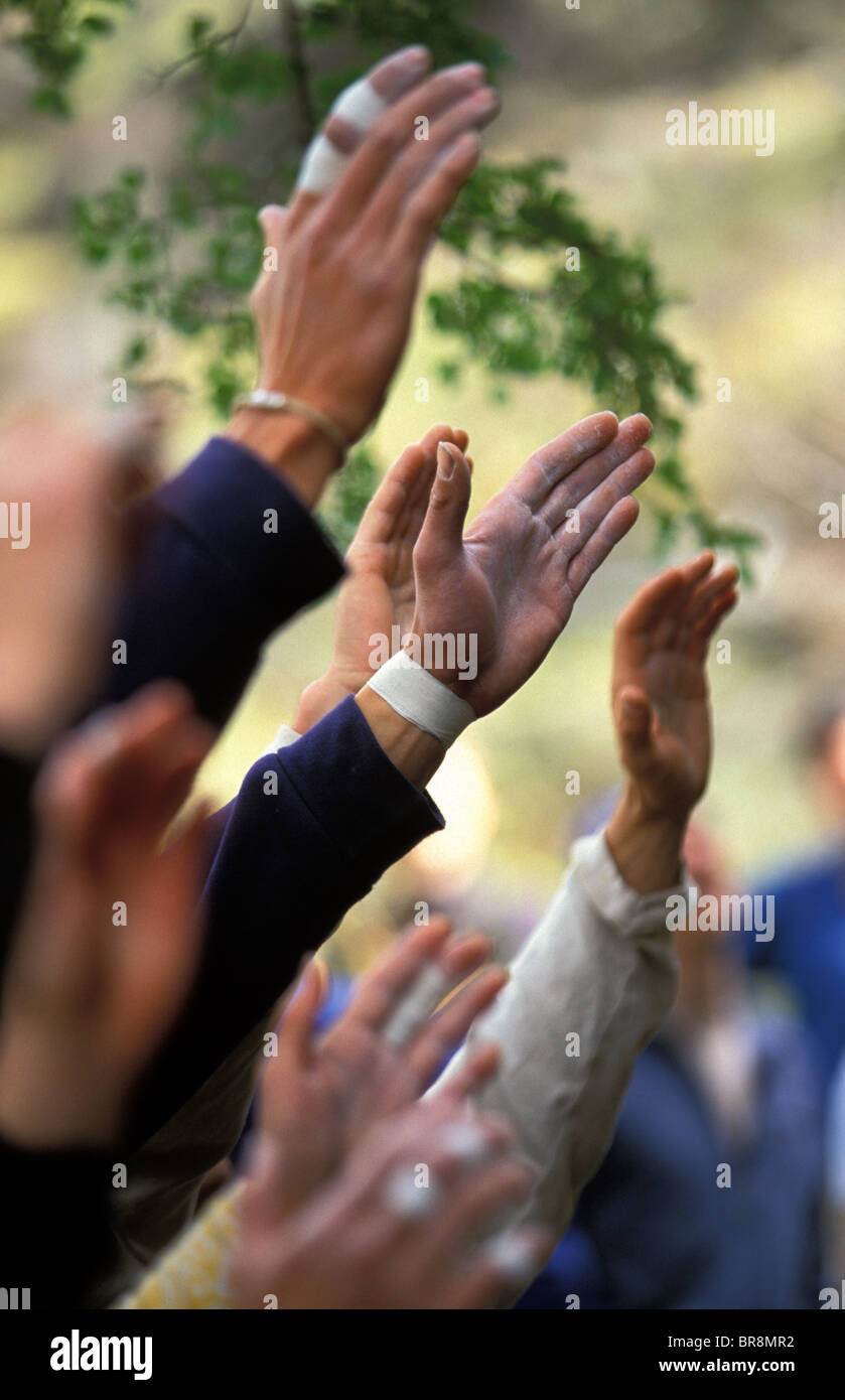 Climbers' hands in the air spotting in Patagonia Argentina Stock Photo ...