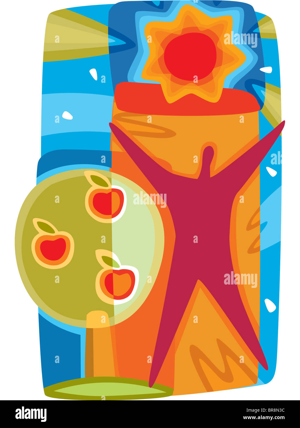 Happy figure with apple tree and sunshine Stock Photo - Alamy